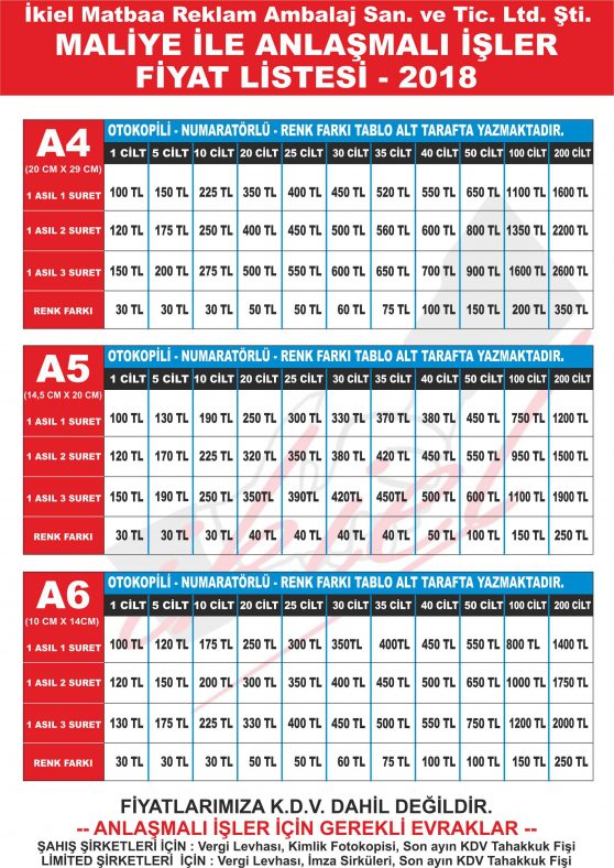 Fiyat Listesi 2018 - Üsküdar İkiel Matbaa Reklam | +90 216 310 21 09